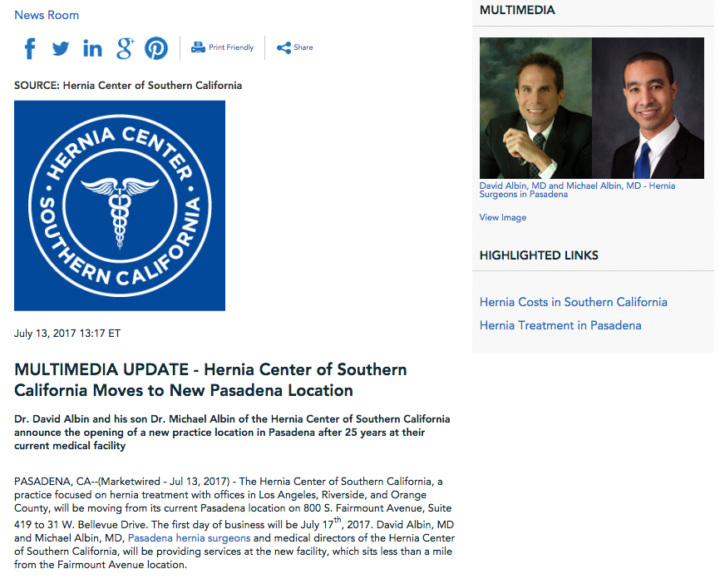 Hernia Center of Southern California Moves to New Pasadena Location